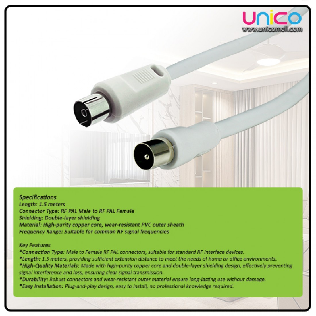 High-Quality RF PAL Extension Cable Male to Female - 1.5m