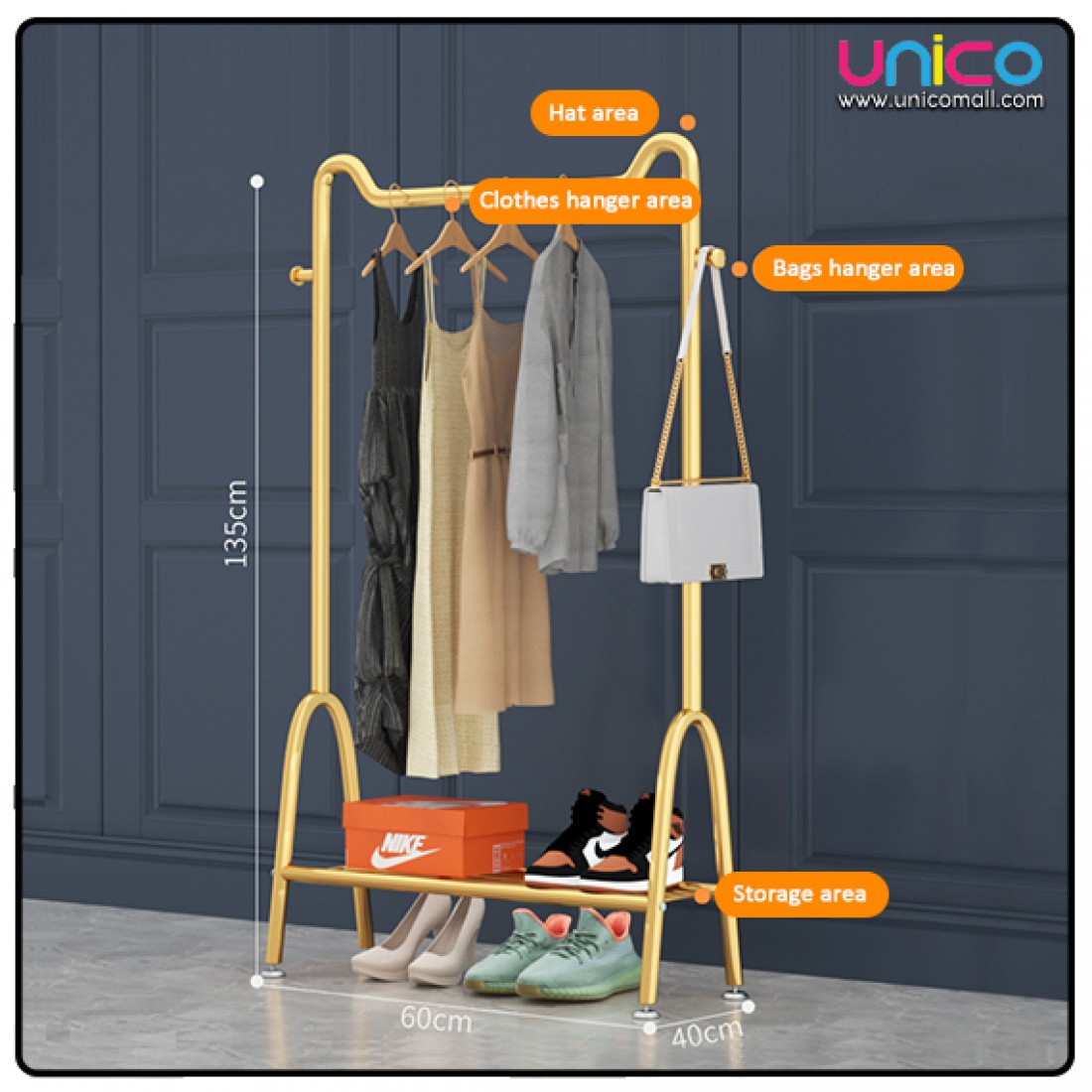 Single Layer Coat Rack- Gold & Black (135*60*40cm)